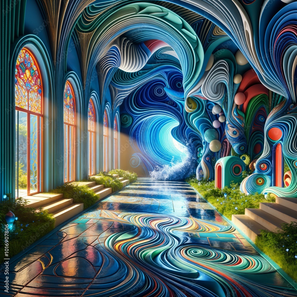 A fantastical hallway features stained glass windows casting colorful ...