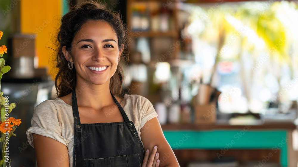 Successful Female latin Small food restaurant at entrance. Successful ...