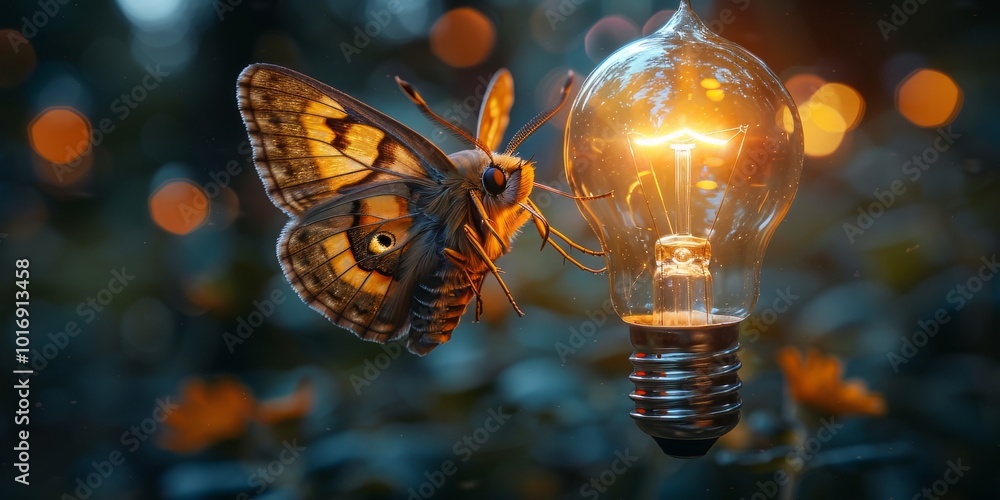 Moth flying around a light bulb at night Photos | Adobe Stock