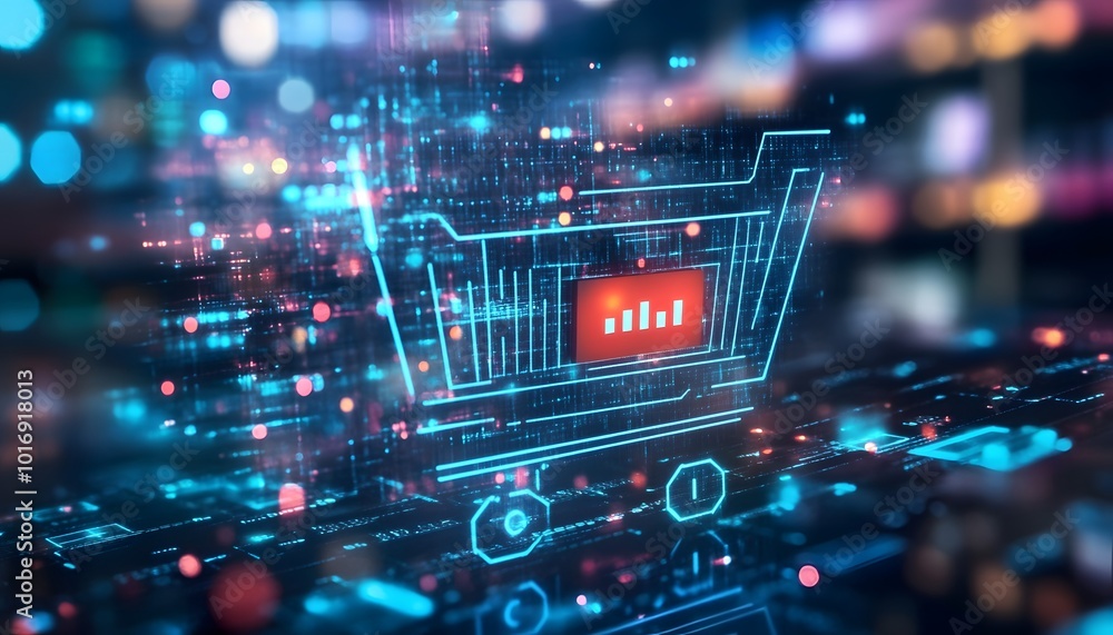Futuristic digital shopping cart with data visualization, representing ...