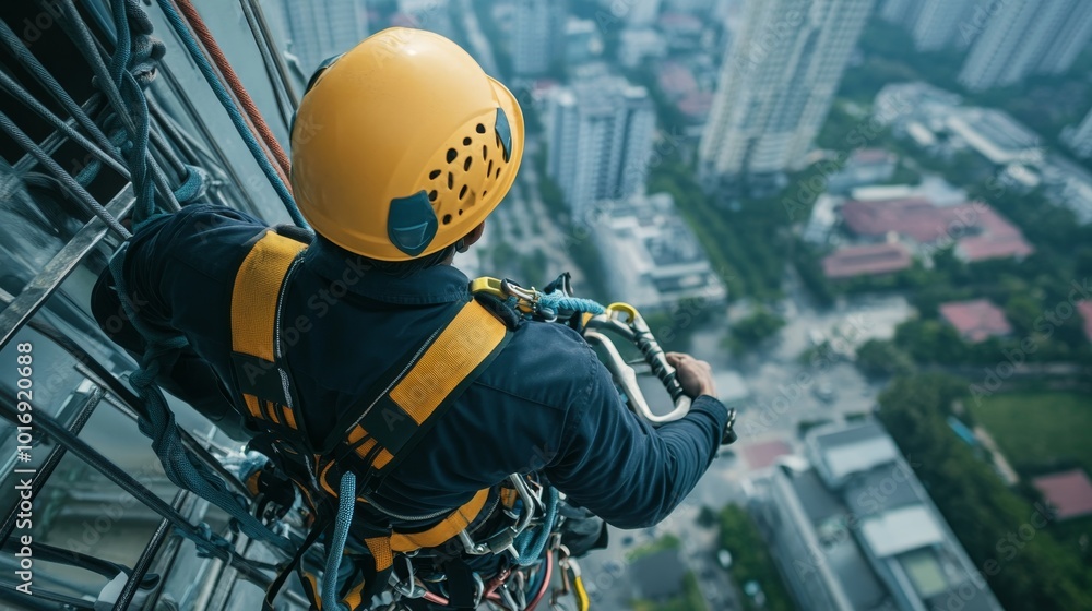 Worker wearing a safety harness and helmet, working on a tall structure ...