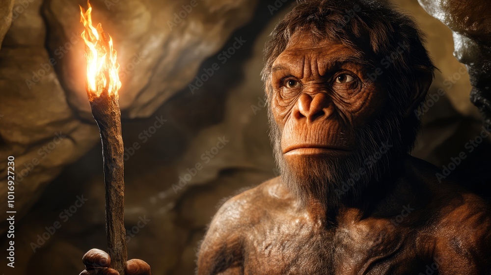 A hyper-realistic depiction of a Homo erectus male holding a fire stick ...