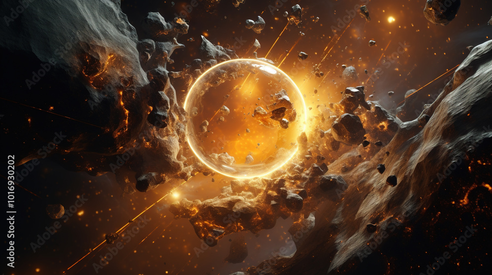 Abstract explosion in space with rocks and stones burst in flame, sci ...