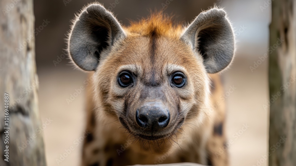 A detailed close-up of a curious hyena with wide eyes, showcasing the ...