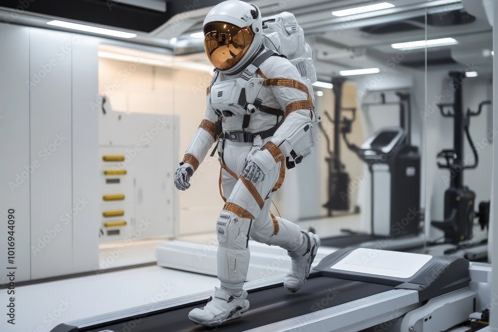Astronaut wearing space suit running on a treadmill in a spaceship gym ...