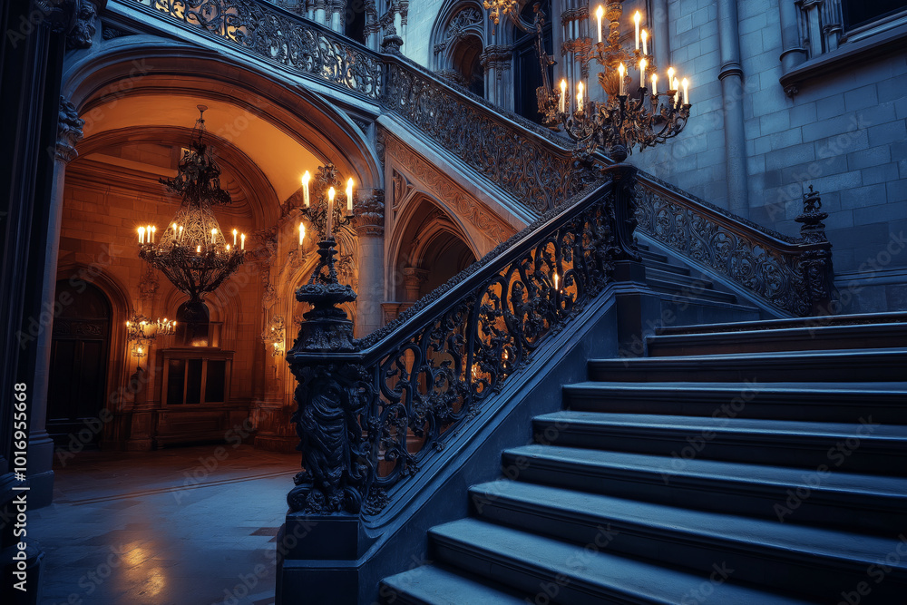 Interior of a gothic castle, grand staircase with intricate wrought iron railing, dimly lit by ...