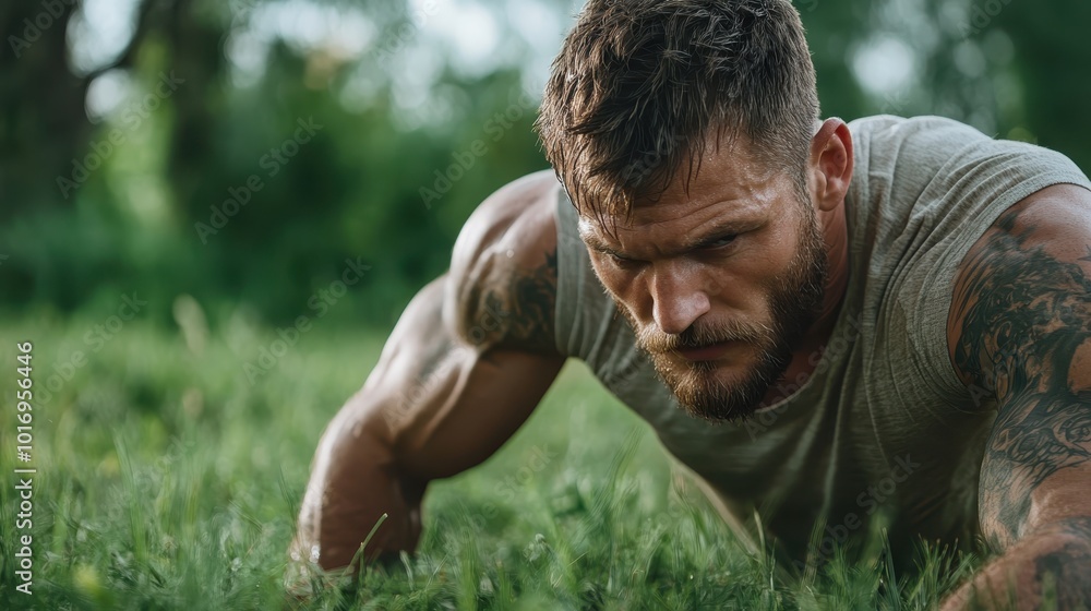 A determined man with tattoos is captured using his strength in an ...