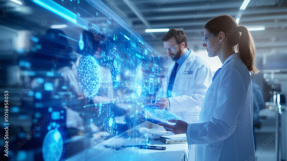 A sleek, futuristic lab filled with holographic displays and advanced ...