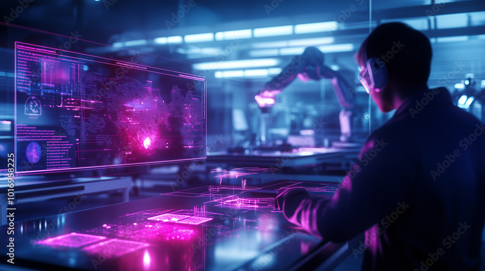 A sleek, high-tech laboratory is filled with holographic screens and ...