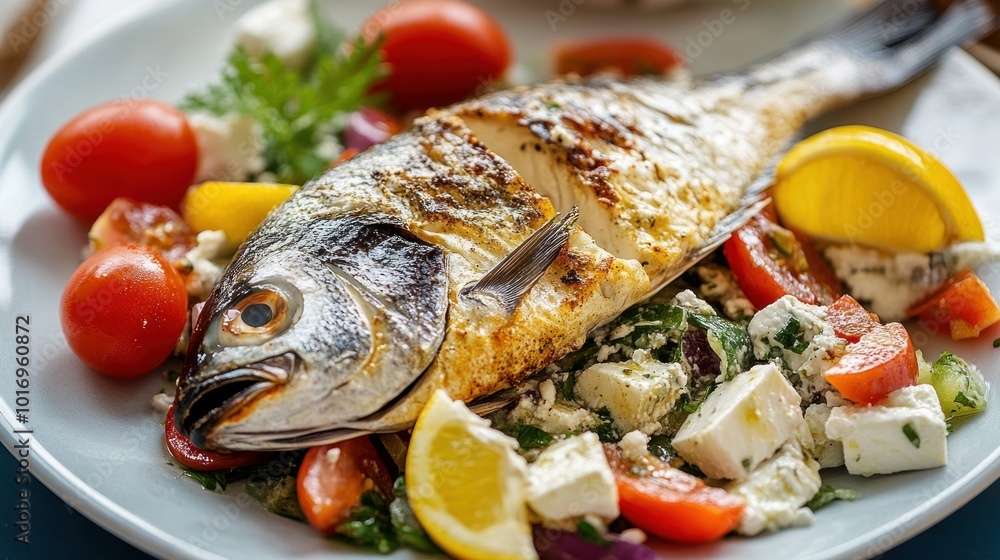 Greek salad and traditional Dorada fish from Kissamos, Crete, the Greek ...