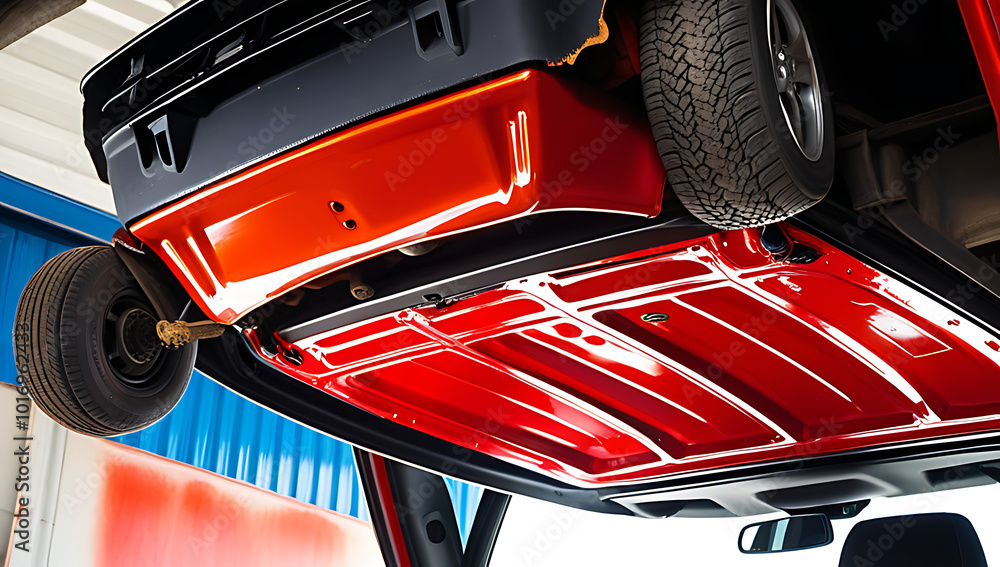 coating applied underside vehicle using red colored spray paint Stock ...