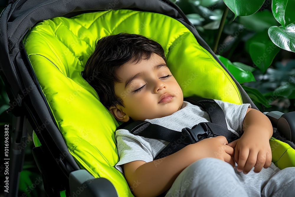 Realistic depiction of a child napping in a stroller, with the sun ...