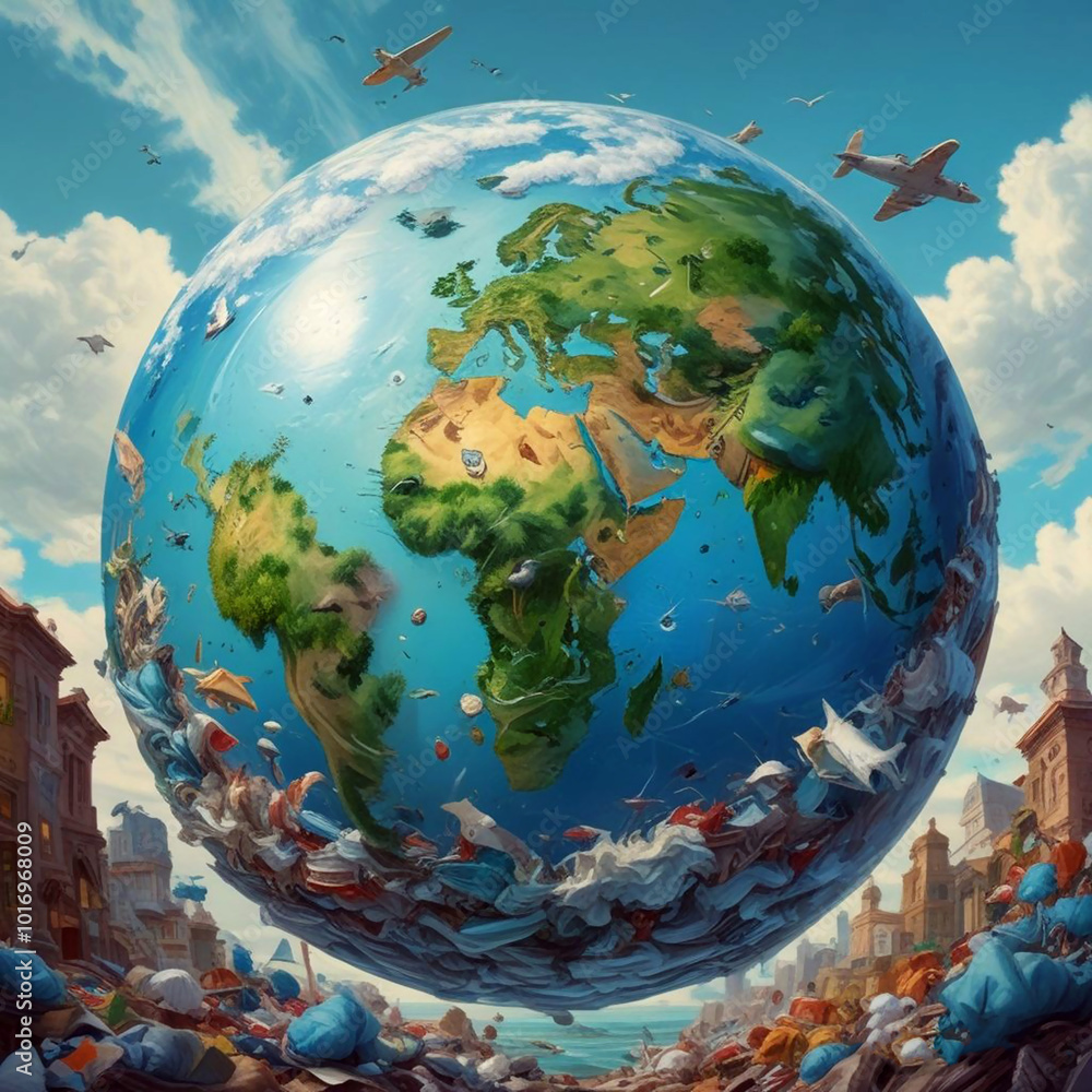 Realistic illustration of earth globe surround with plastic pollution ...