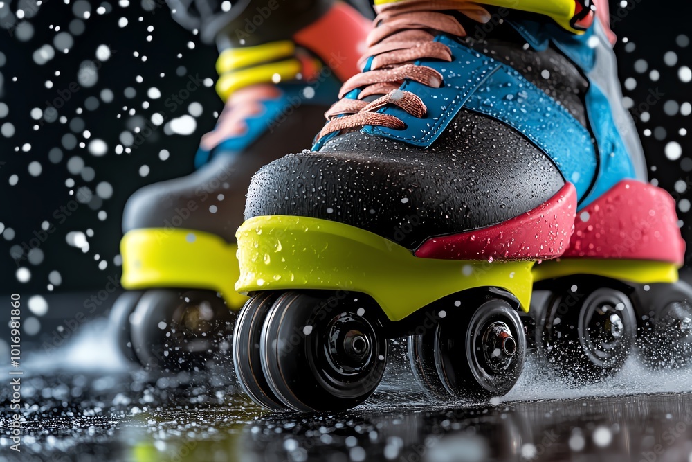 Realistic depiction of a person rollerblading in neon-colored gear ...