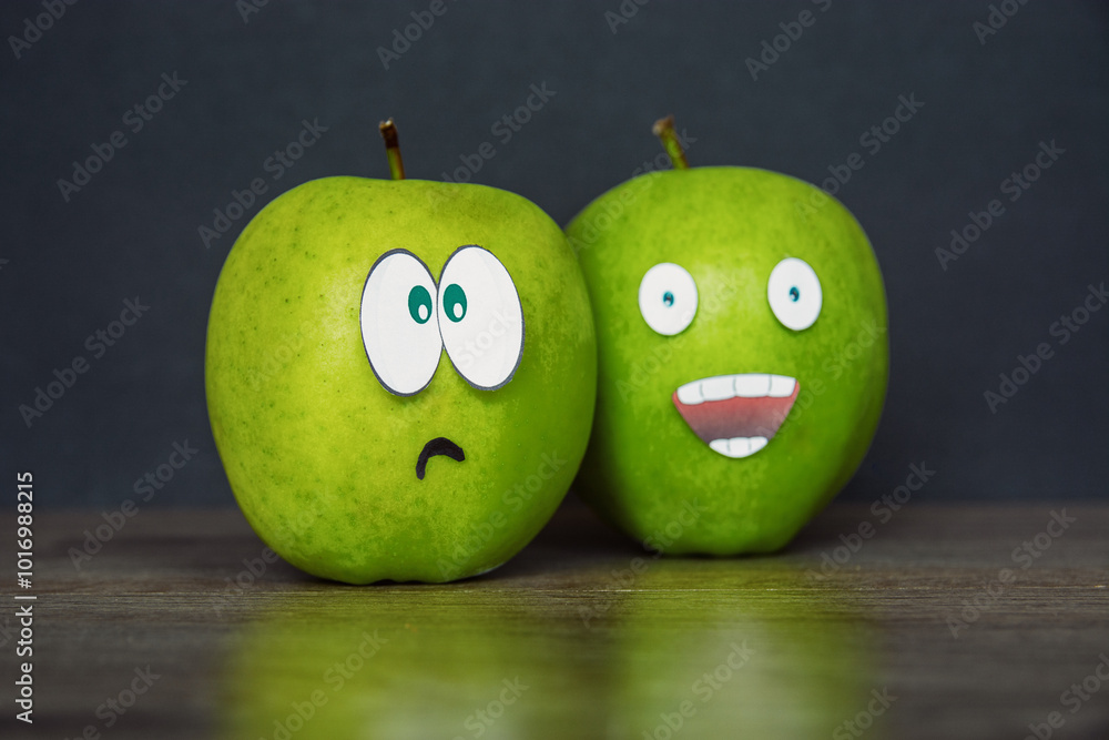 social group emotion of surprise, shock and confusion face on an apple ...