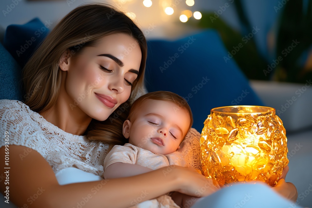 Realistic image of a mother rocking a baby to sleep, with soft lighting ...