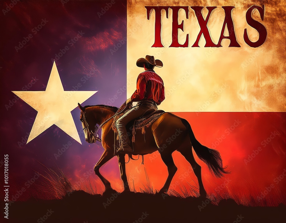 Silhouetted cowboy on horseback rides across sunset landscape. Texas ...