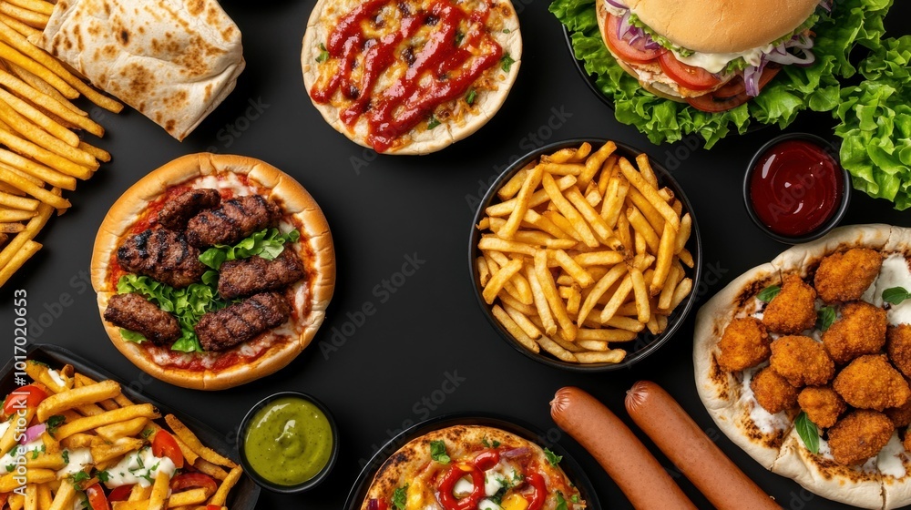 Fast food concept with greasy fried restaurant take out as onion rings ...