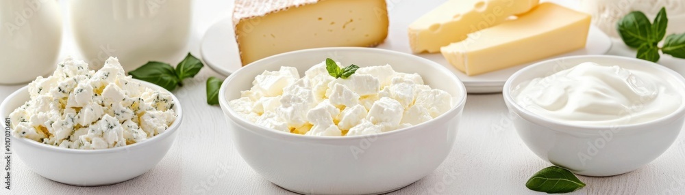 cheese and dairy products background: cheeses of various types, butter ...