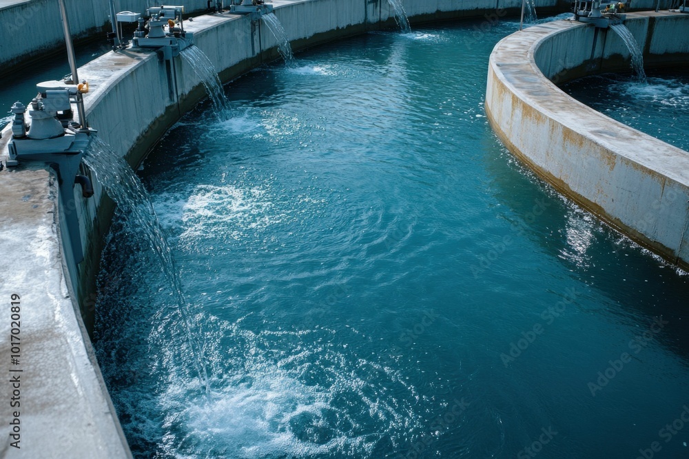 Modern water treatment facility with flowing clean water, industrial ...