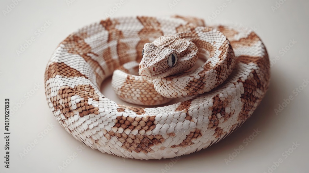 A beautifully patterned Gaboon viper, coiled on a plain white ...