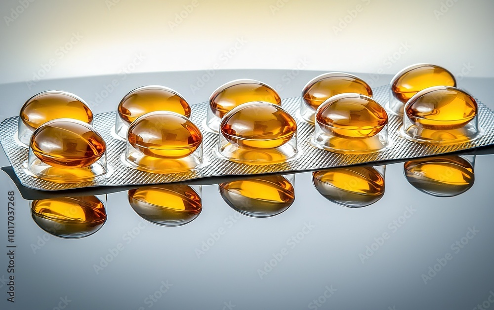 Amber capsules arranged in a neat row on a reflective surface with soft ...