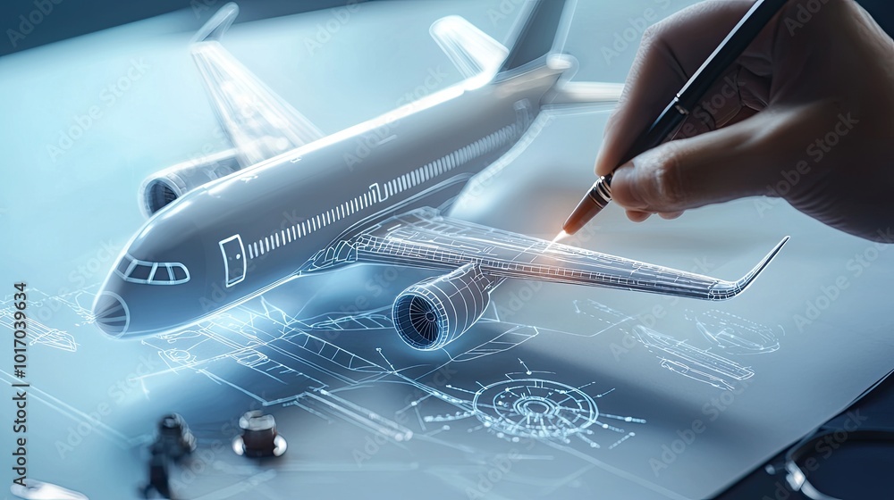 Engineer working on an airplane blueprint, with intricate details of ...