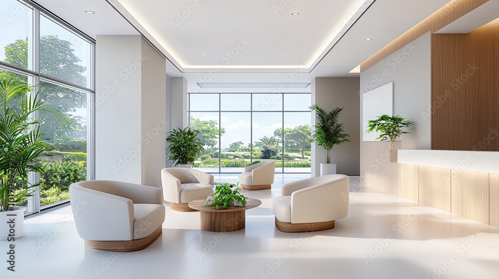 Modern hospital waiting room with comfortable seating, large windows ...