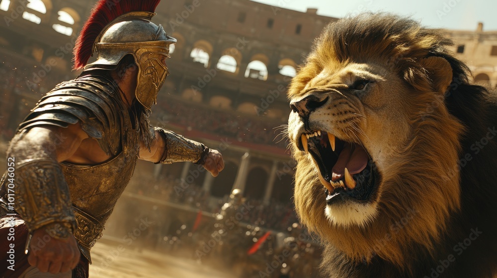 Epic battle scene between a gladiator and a roaring lion in a historic ...