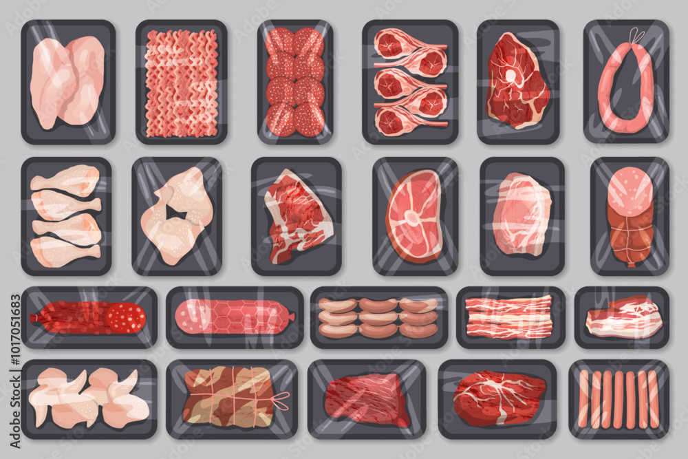 Meat packages. Butchery products production packages top view with ...