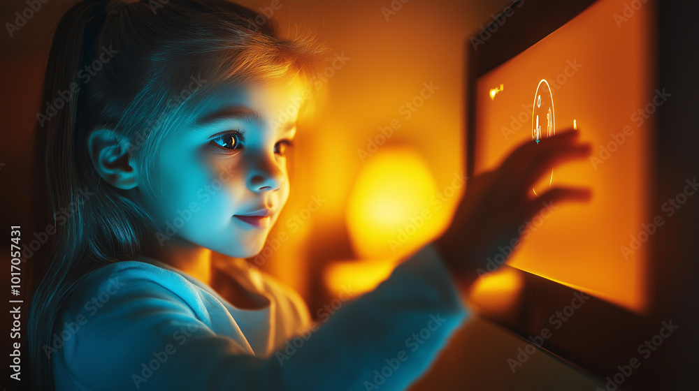 Little girl touching interactive touchscreen in dark room, futuristic ...