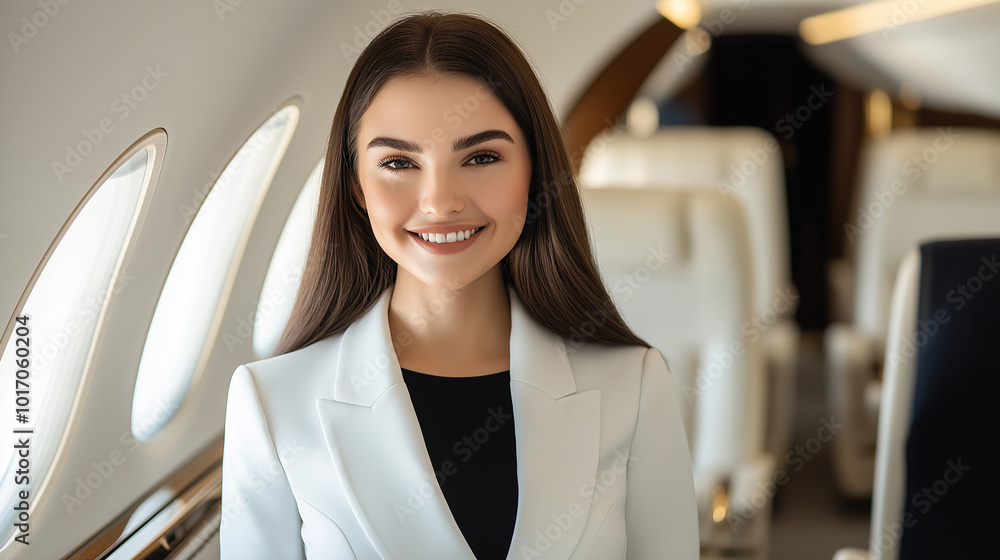Elegant woman in white blazer sitting on private jet, luxury travel and ...
