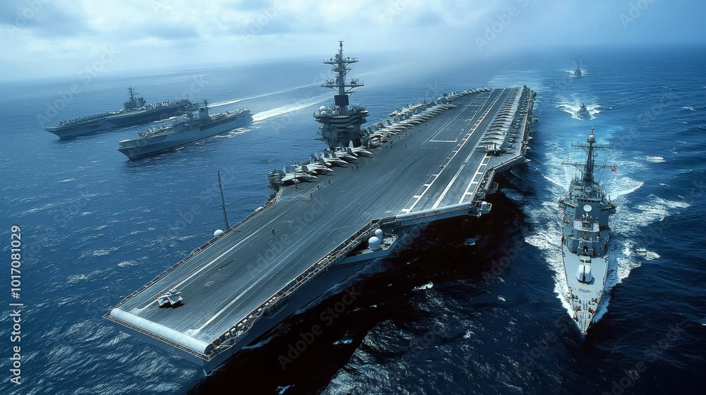 Aircraft carrier leading a fleet of naval warships in the open ocean ...