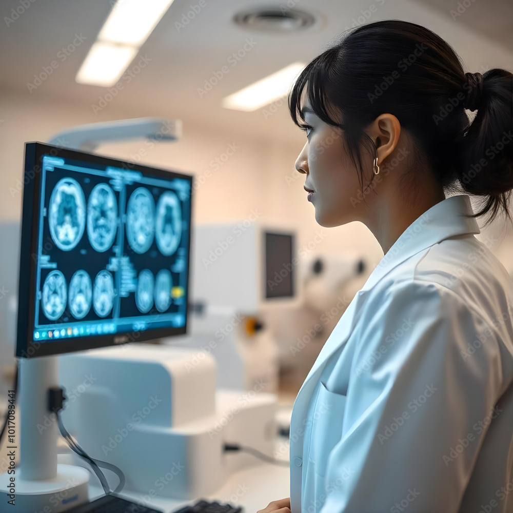 A young female doctor examining brain scans on a computer monitor in a ...