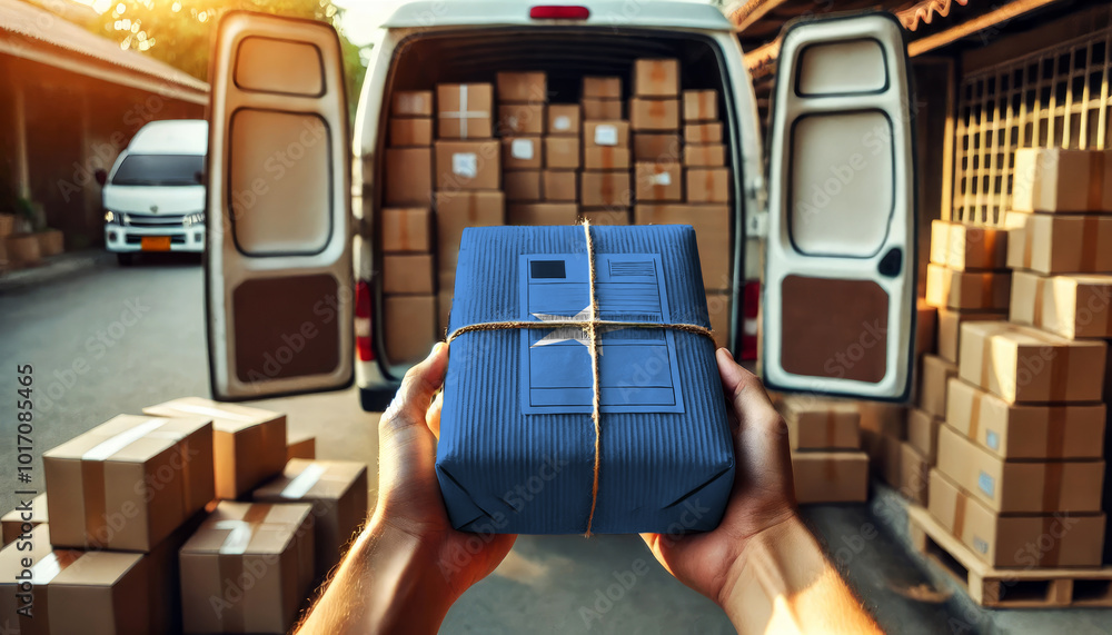 Hands holding a package wrapped in an Somalia flag, with a delivery van ...