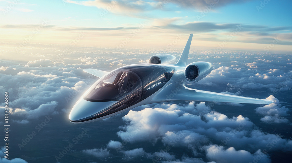 An advanced electronic plane soaring above clouds during sunset ...