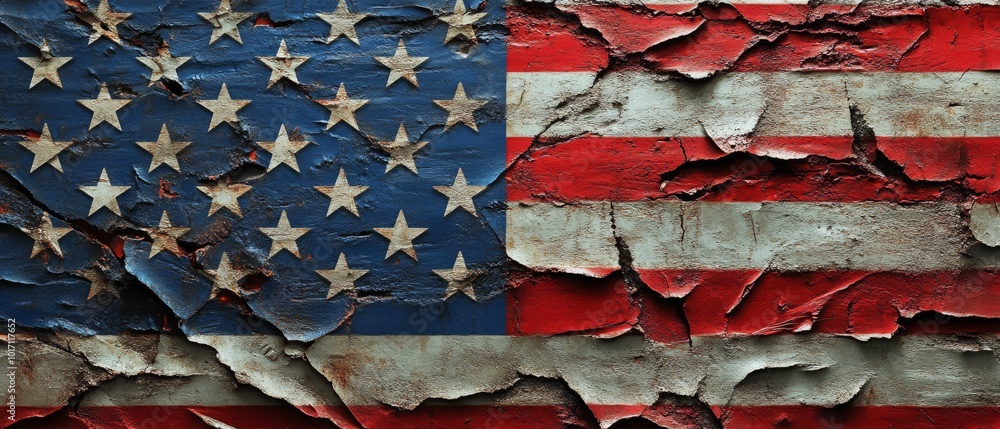 A visually distressed American flag that showcases the effects of time ...
