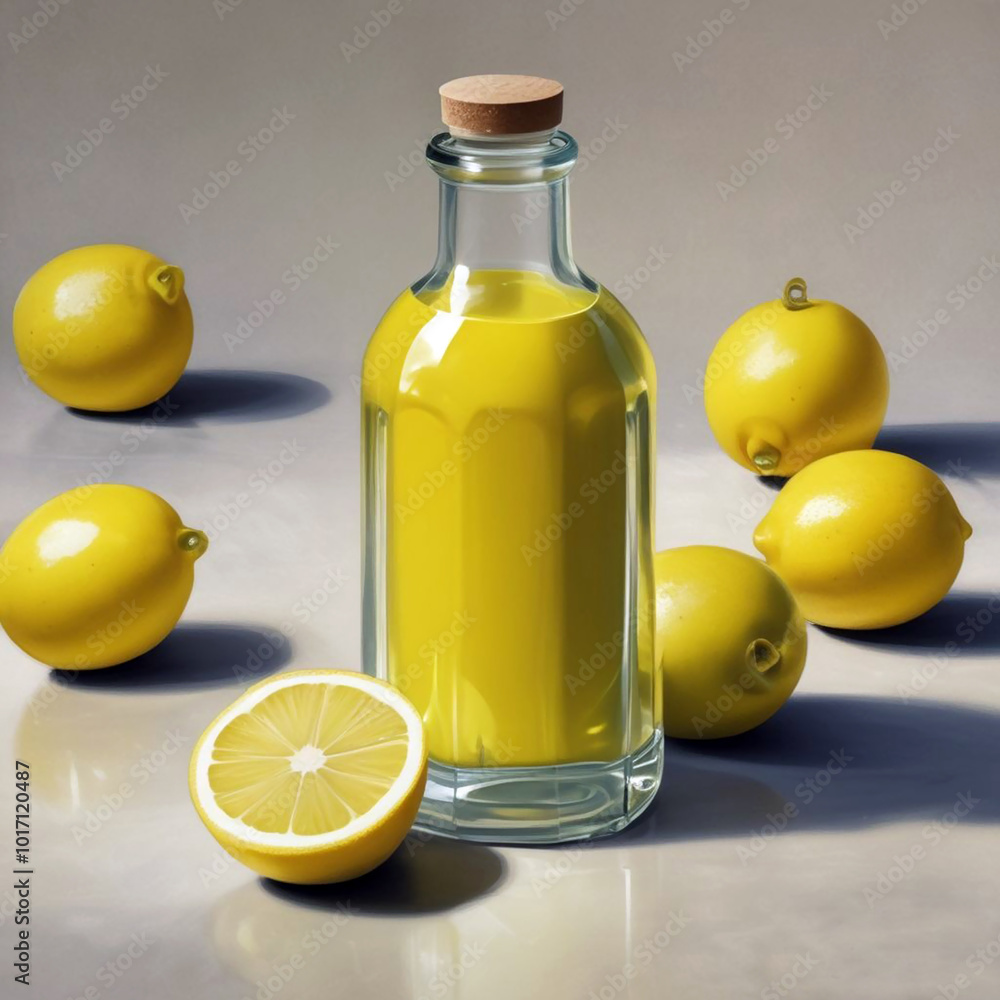 Realistic illustration of juice with lemon peace's in glass bottle ...
