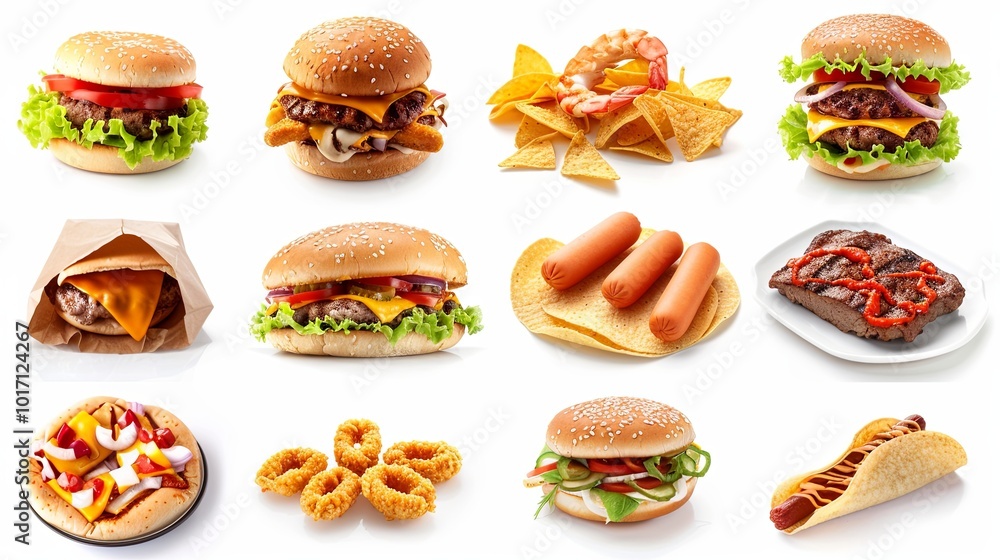 A diverse array of fast food items including burgers, nachos, hot dogs ...