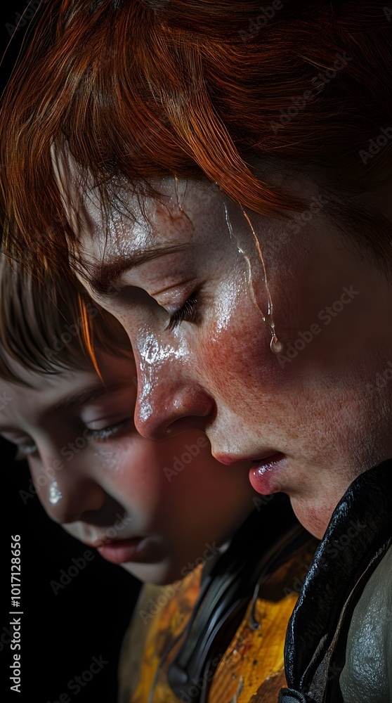 a hard working mother, clearly exhausted, a tear on her face. you can ...