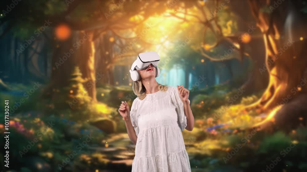 Relaxing woman looking around by VR surround fairytale wonderland ...