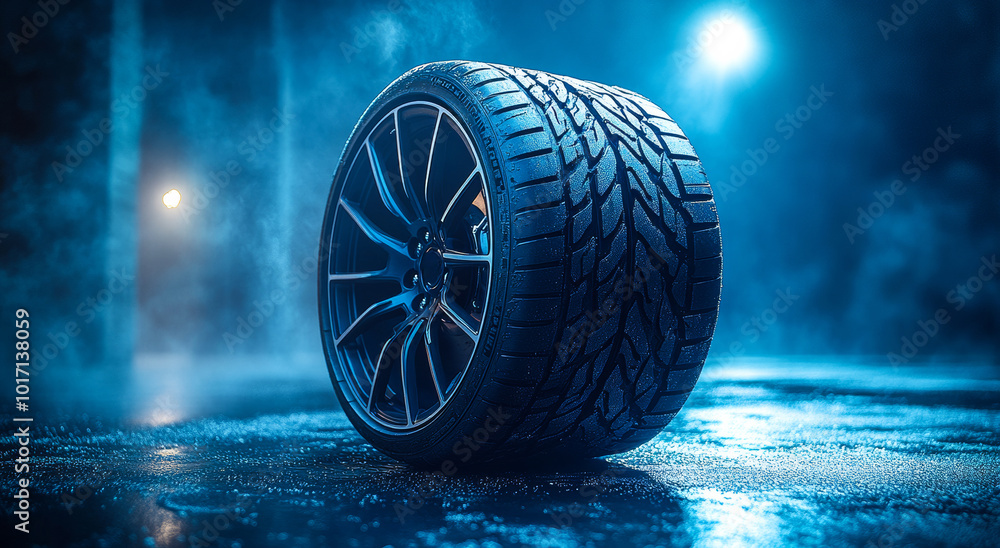 A modern sports tire is showcased with dramatic lighting, emphasizing ...