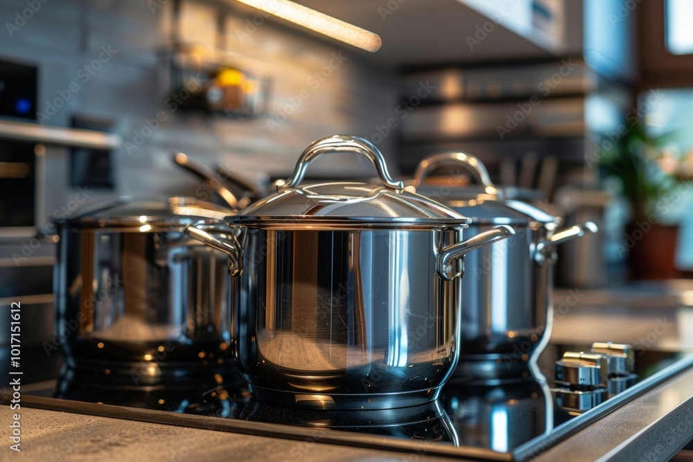 Bright kitchen filled with natural light as stainless steel pots heat ...