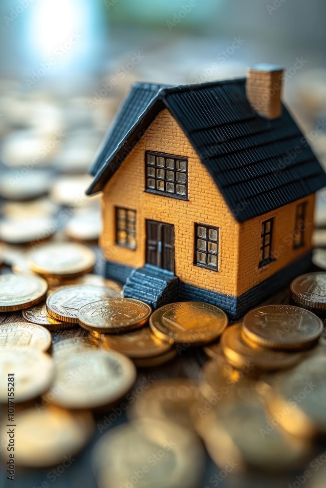 Home buying: tiny house with coins as symbols of real estate investment ...