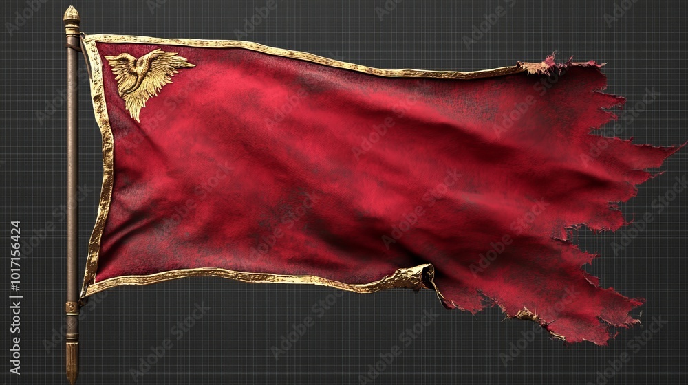 Blank 3D medieval flag mockup designed for game visuals, showing a red ...