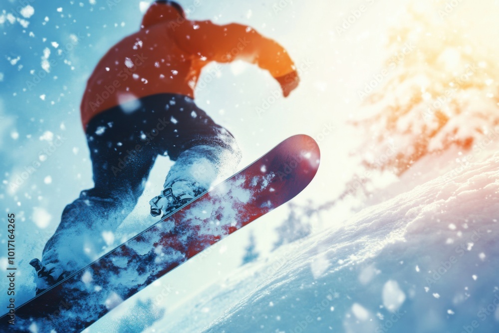 snowboarder gracefully maneuvering down a snowy slope, capturing the ...