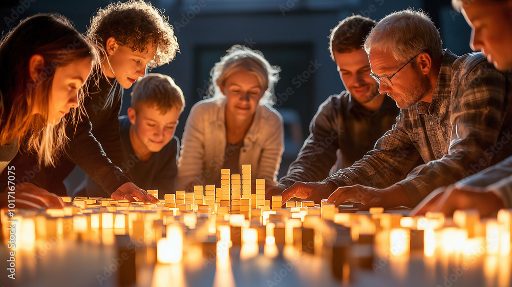 Adults and children creating an elaborate domino chain reaction ...