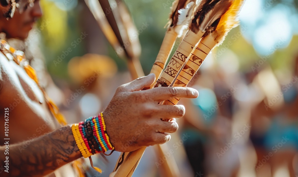 Clap sticks held in hand of aboriginal dancer at NAIDOC celebration ...