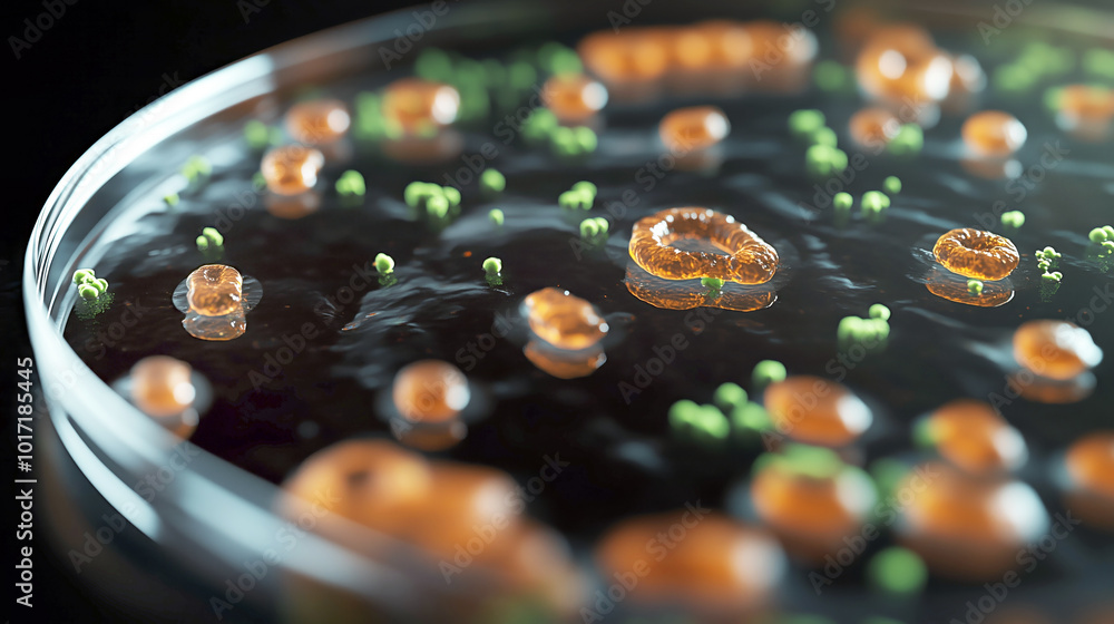 Microscopic view of bacterial colonies in petri dish with gelatinous ...