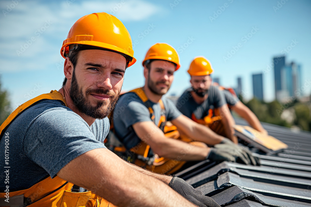 Highly focused construction workers, showcasing their skills ...